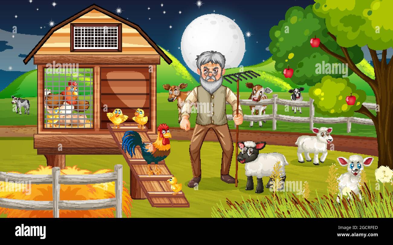 Farm at night scene with old farmer man and farm animals illustration ...