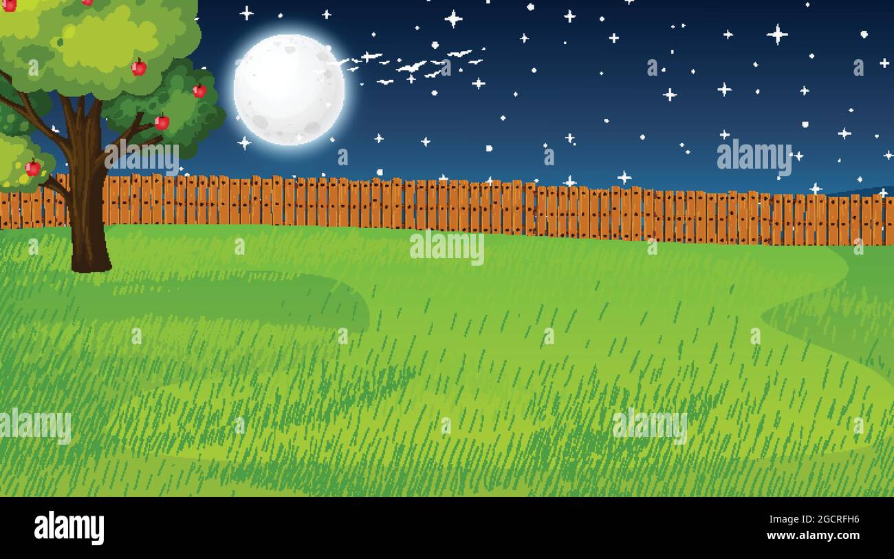 Blank nature park landscape scene at night time illustration Stock ...