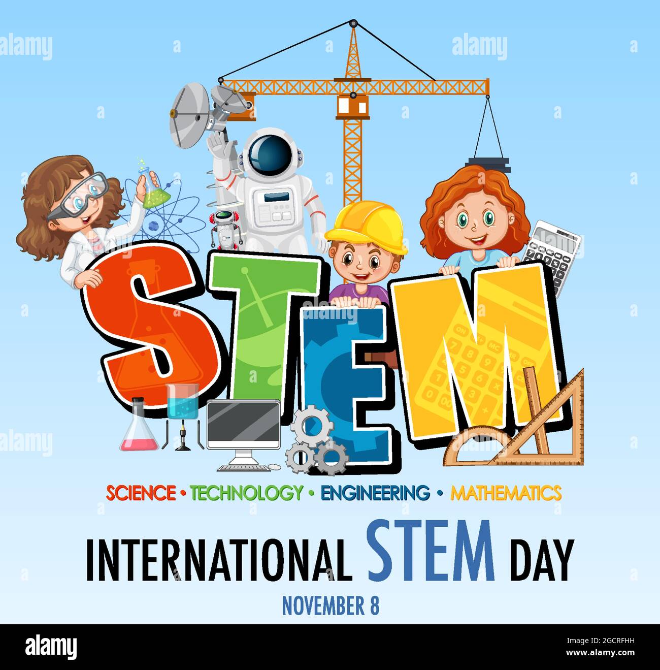 International STEM Day banner with kids cartoon character illustration ...