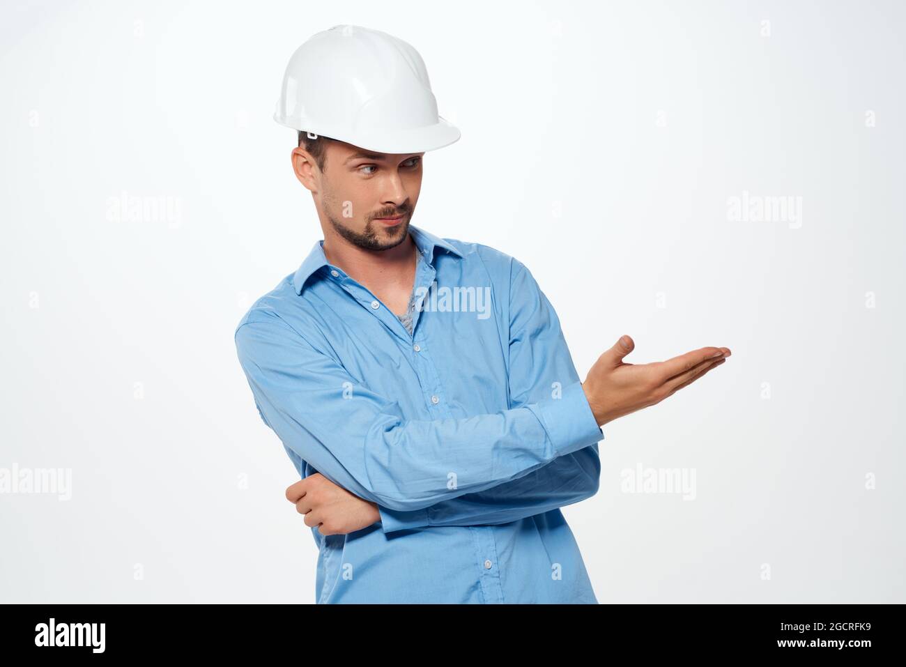 Male builder white helmet work professional industry Stock Photo - Alamy