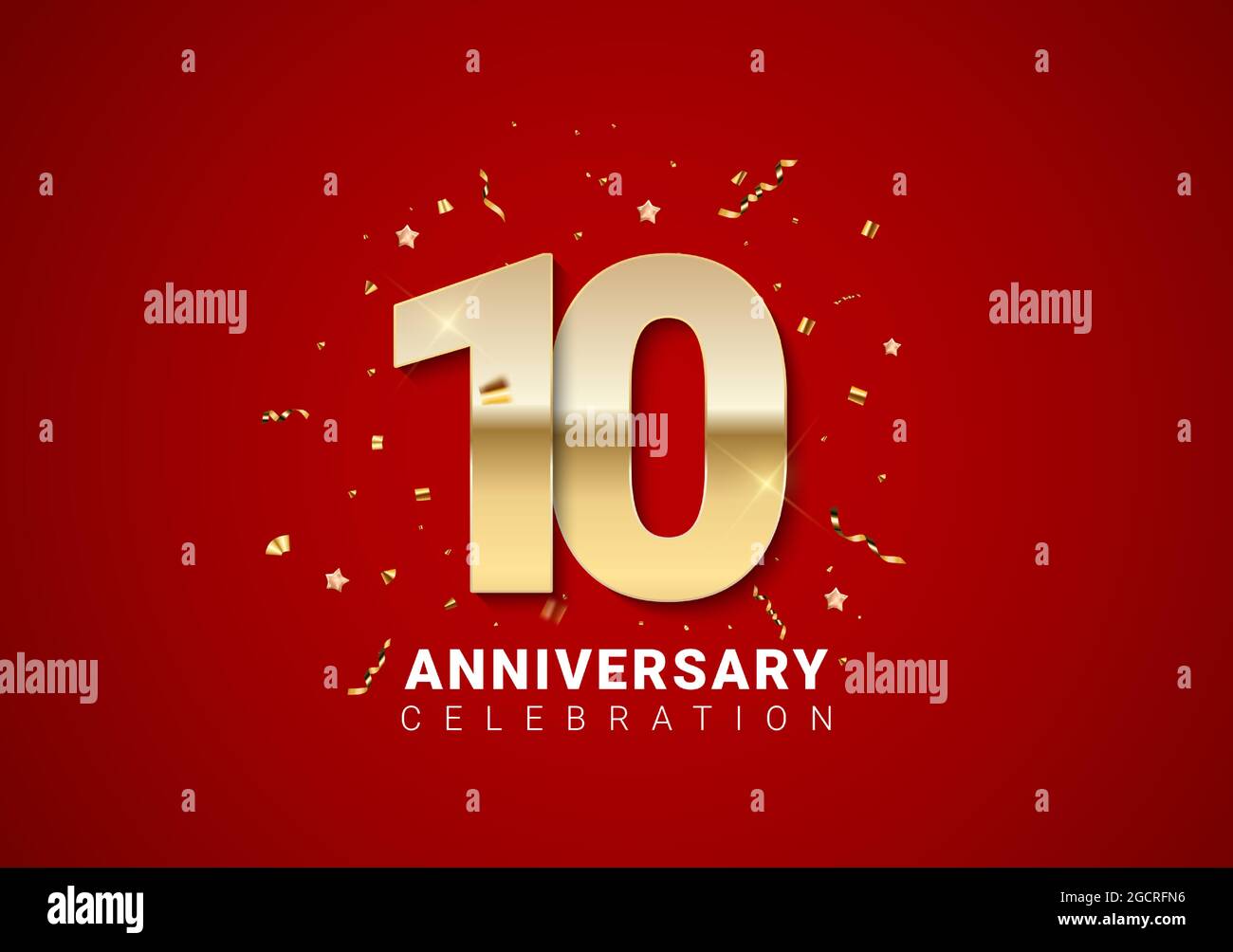 10 anniversary background with golden numbers, confetti, stars on ...