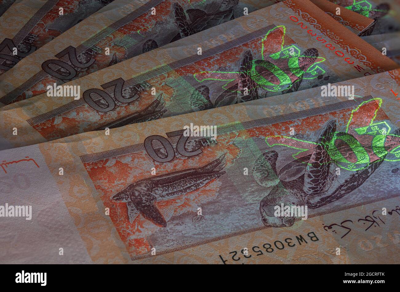 Macro photography of 20 Malaysian ringgit with fluor light. Extreme ...