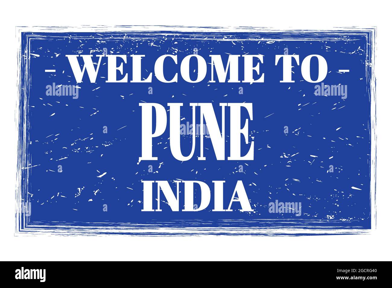WELCOME TO PUNE - INDIA, words written on blue rectangle post stamp ...