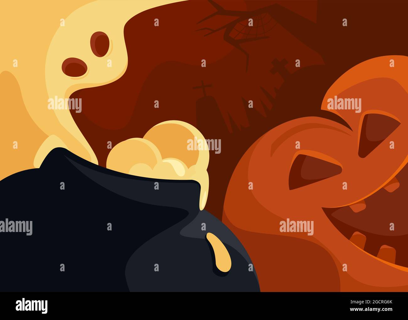 Abstract banner with ghost and pumpkin head. Halloween postcard design ...