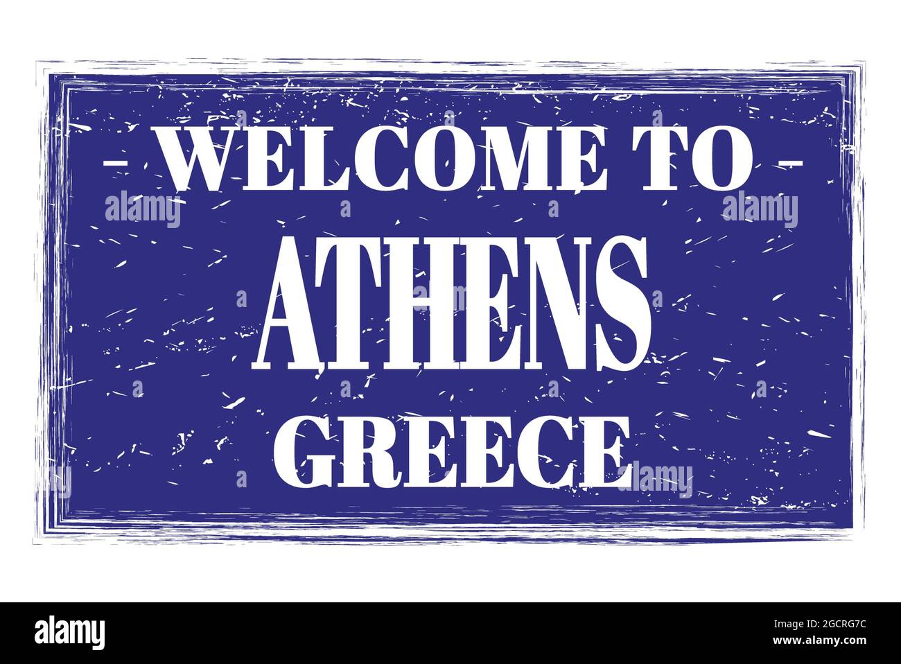 WELCOME TO ATHENS - GREECE, words written on dark blue rectangle post ...