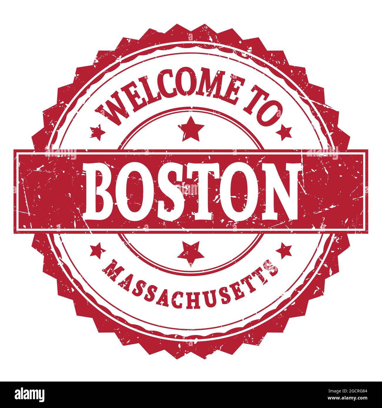 WELCOME TO BOSTON - MASSACHUSETTS, words written on red round zig zag ...