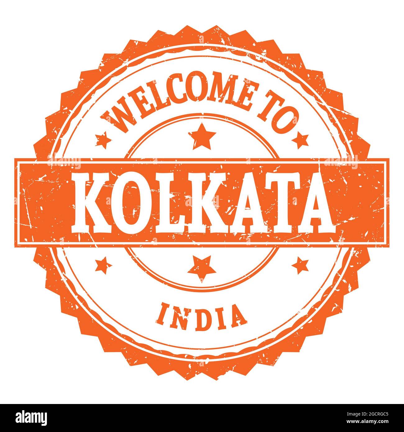 WELCOME TO KOLKATA - INDIA, words written on orange round zig zag stamp ...
