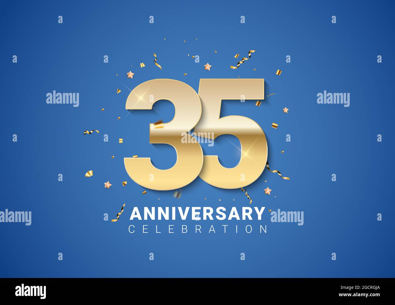35 anniversary background with golden numbers, confetti, stars on bright blue background. Vector ...