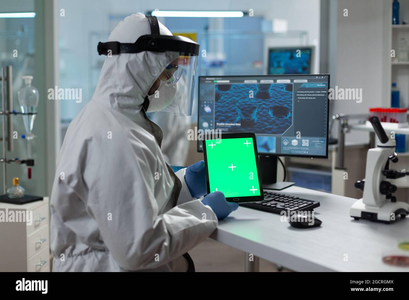 Biologist researcher holding mock up green screen chroma key tablet ...