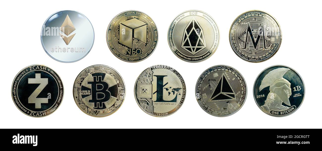 Set of cryptocurrency coins isolated on white background, top view ...