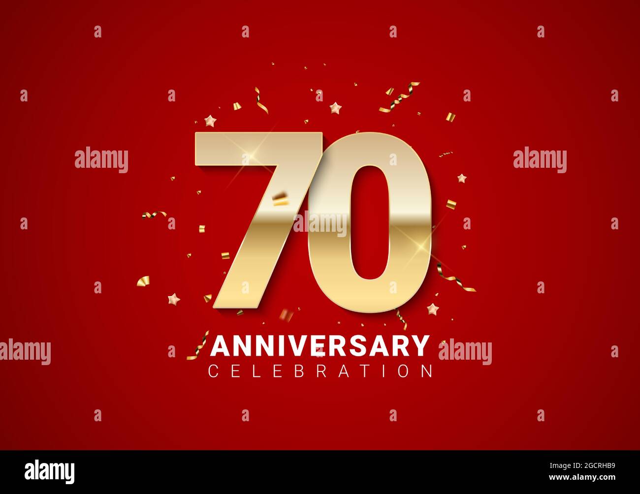 70 anniversary background with golden numbers, confetti, stars on ...
