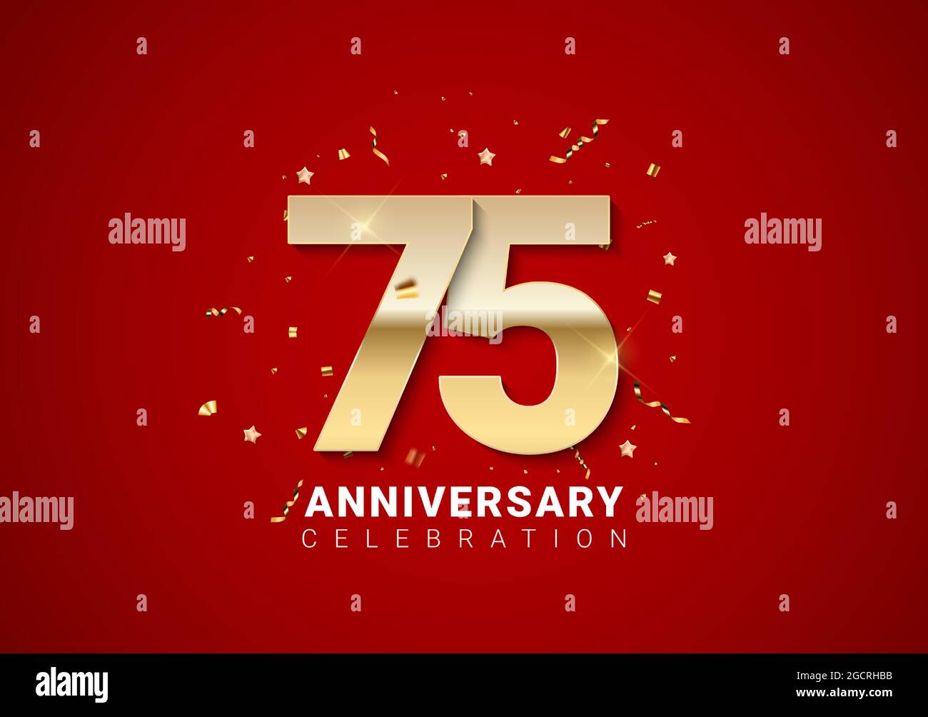 75 anniversary background with golden numbers, confetti, stars on ...