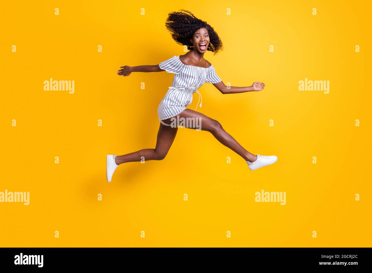 Full length body size view of attractive cheerful crazy childish comic ...