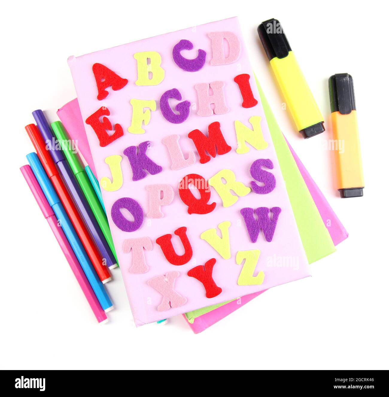 English alphabet, books and markers, isolated on white Stock Photo - Alamy