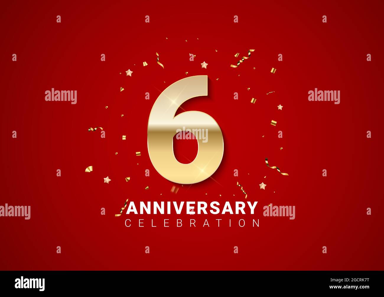6 anniversary background with golden numbers, confetti, stars on bright ...