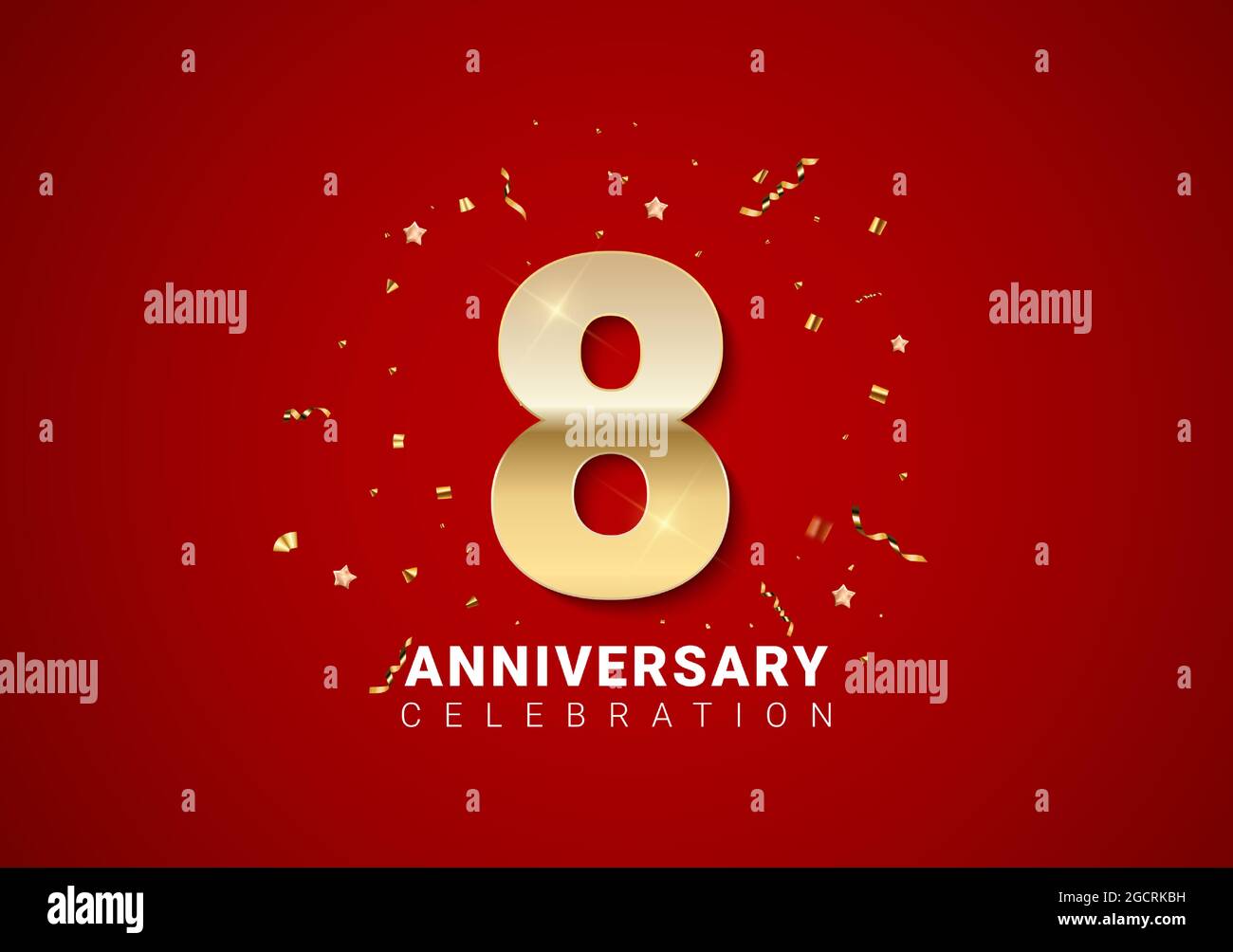8 anniversary background with golden numbers, confetti, stars on bright ...