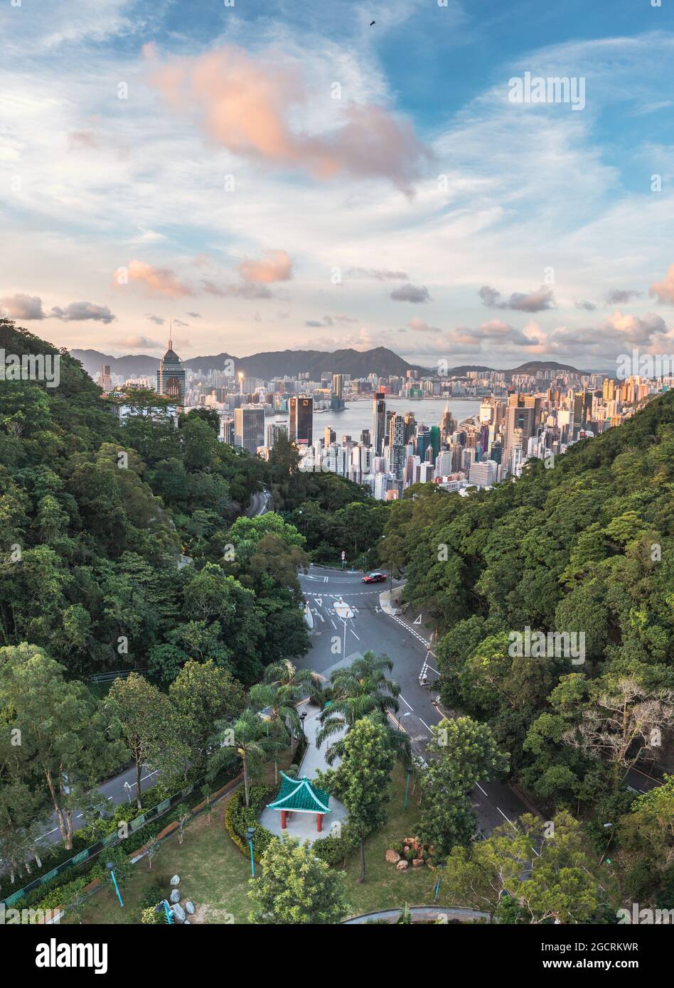 epic aerial view of the Victoria Harbour, Hong Kong, in a clear sky day ...