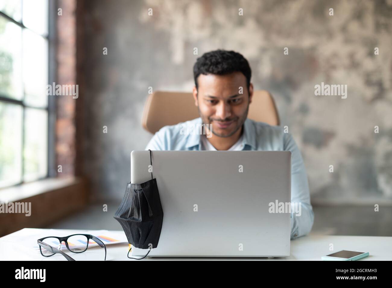 Stay at home. Workplace during a pandemic, epidemic. A table with a ...