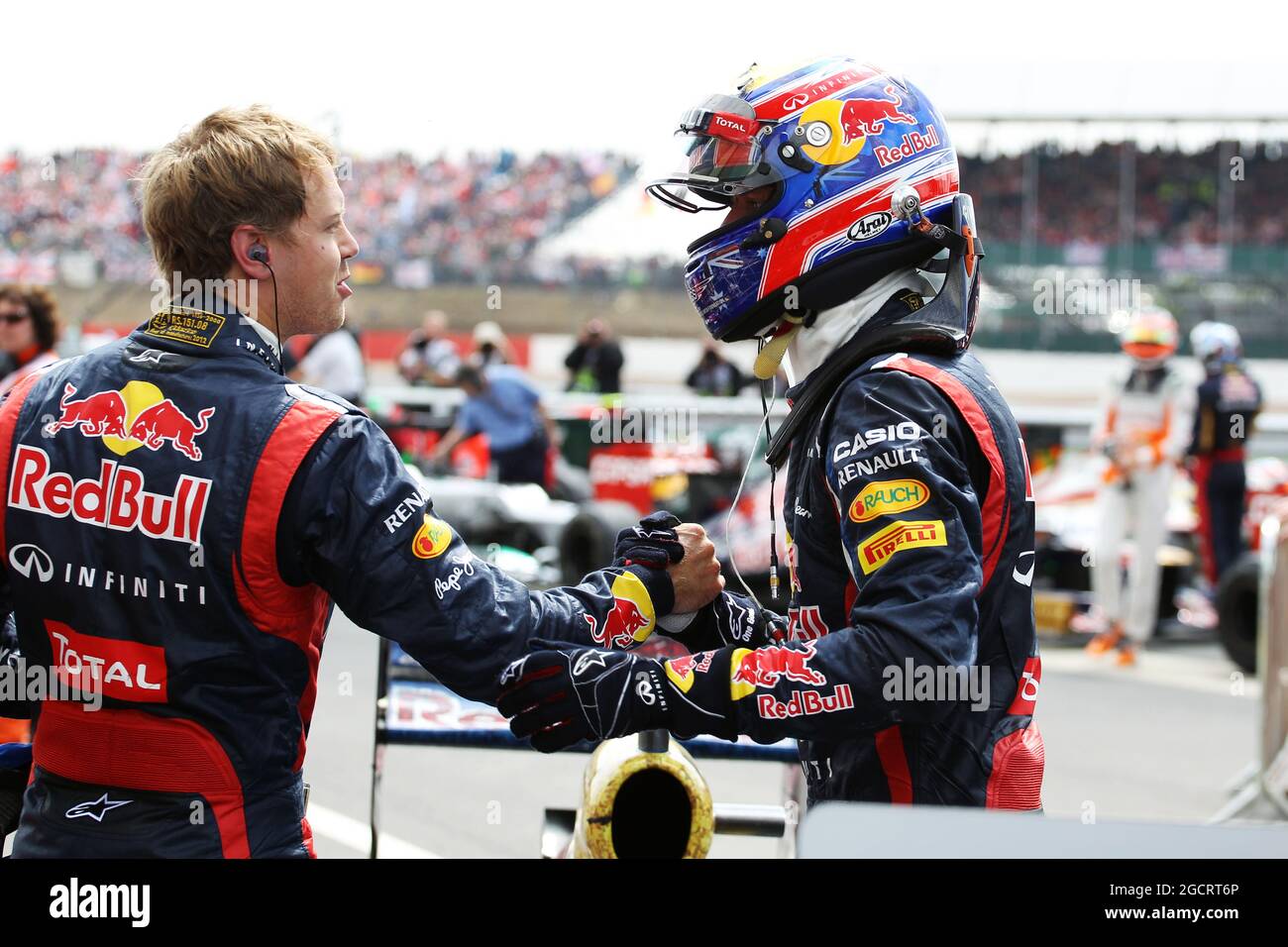 Race winner Mark Webber (AUS) Red Bull Racing RB8 celebrates in parc ...