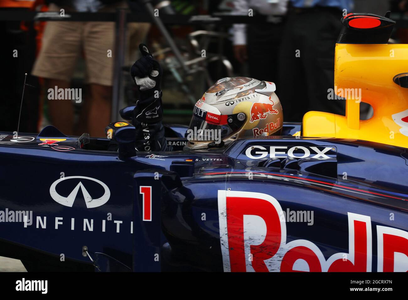 Red bull racing rb8 celebrates as he enters parc ferme hi-res stock ...
