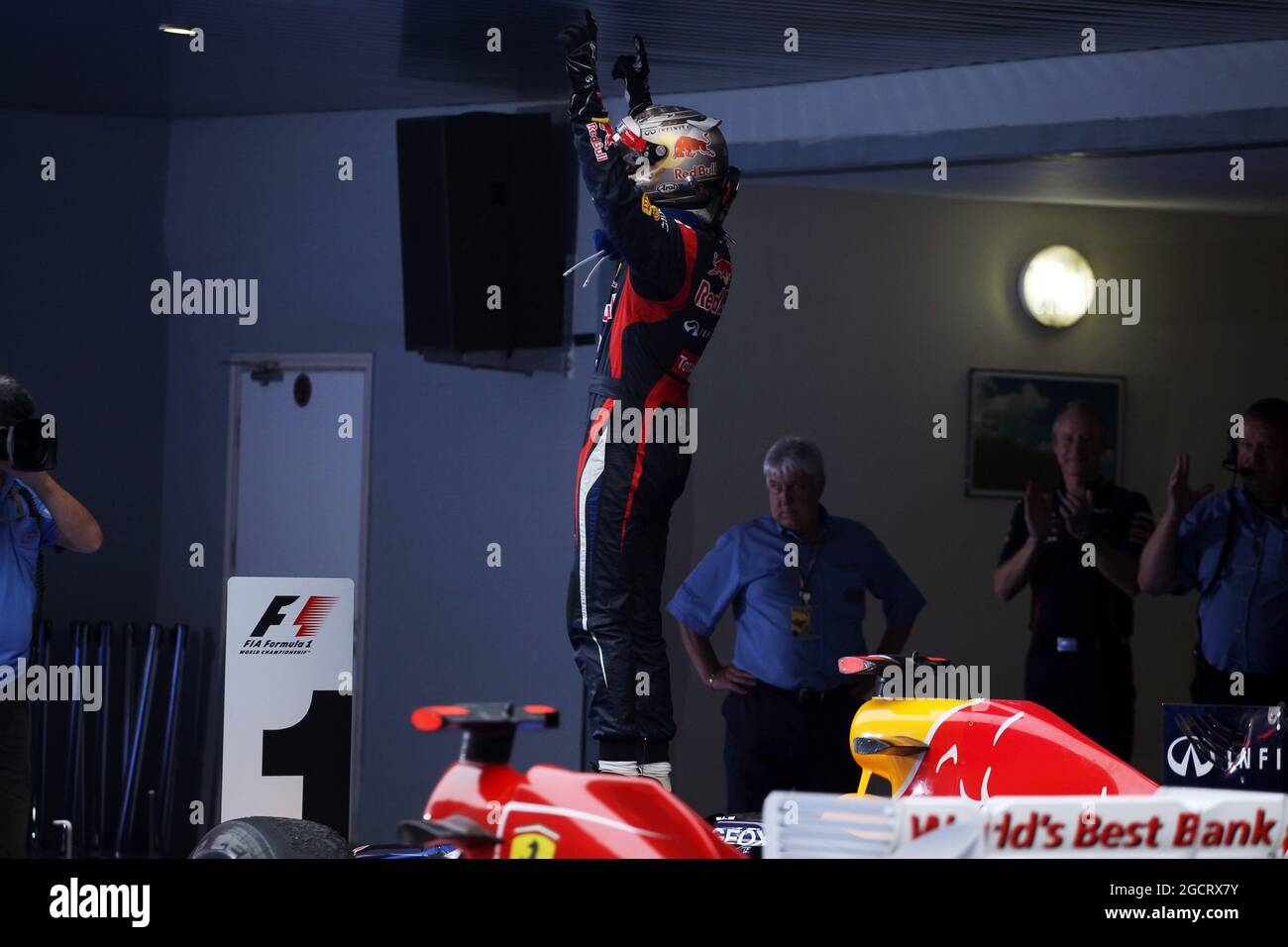 Race winner Sebastian Vettel (GER) Red Bull Racing celebrates in parc ...