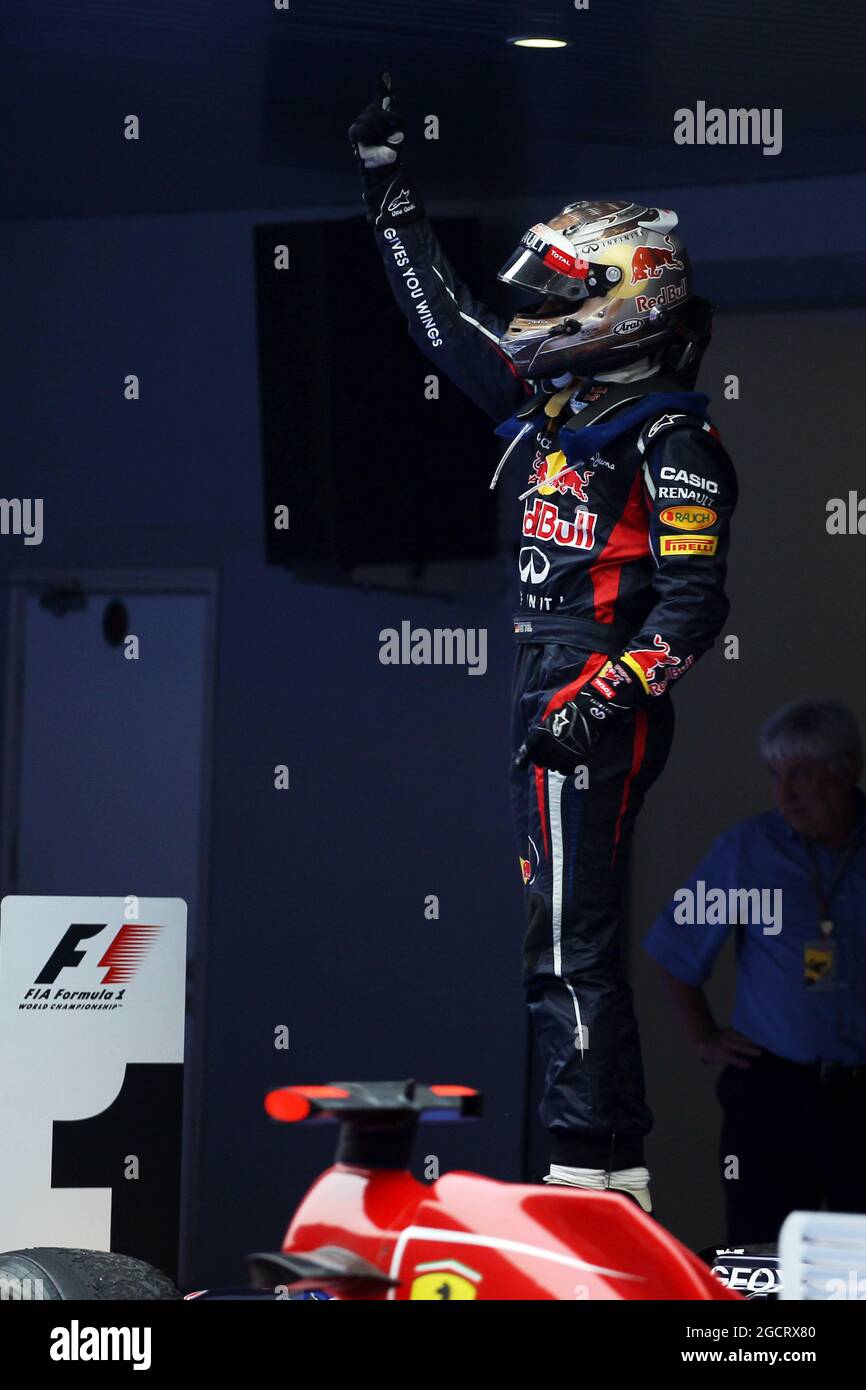 Race winner Sebastian Vettel (GER) Red Bull Racing celebrates in parc ...