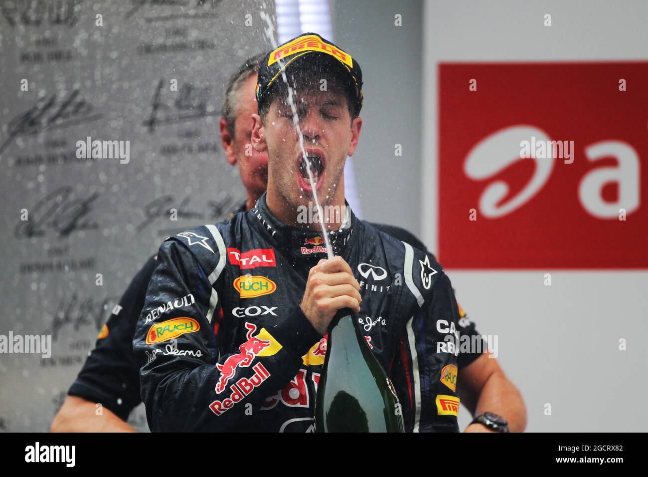 Race winner Sebastian Vettel (GER) Red Bull Racing celebrates on the ...