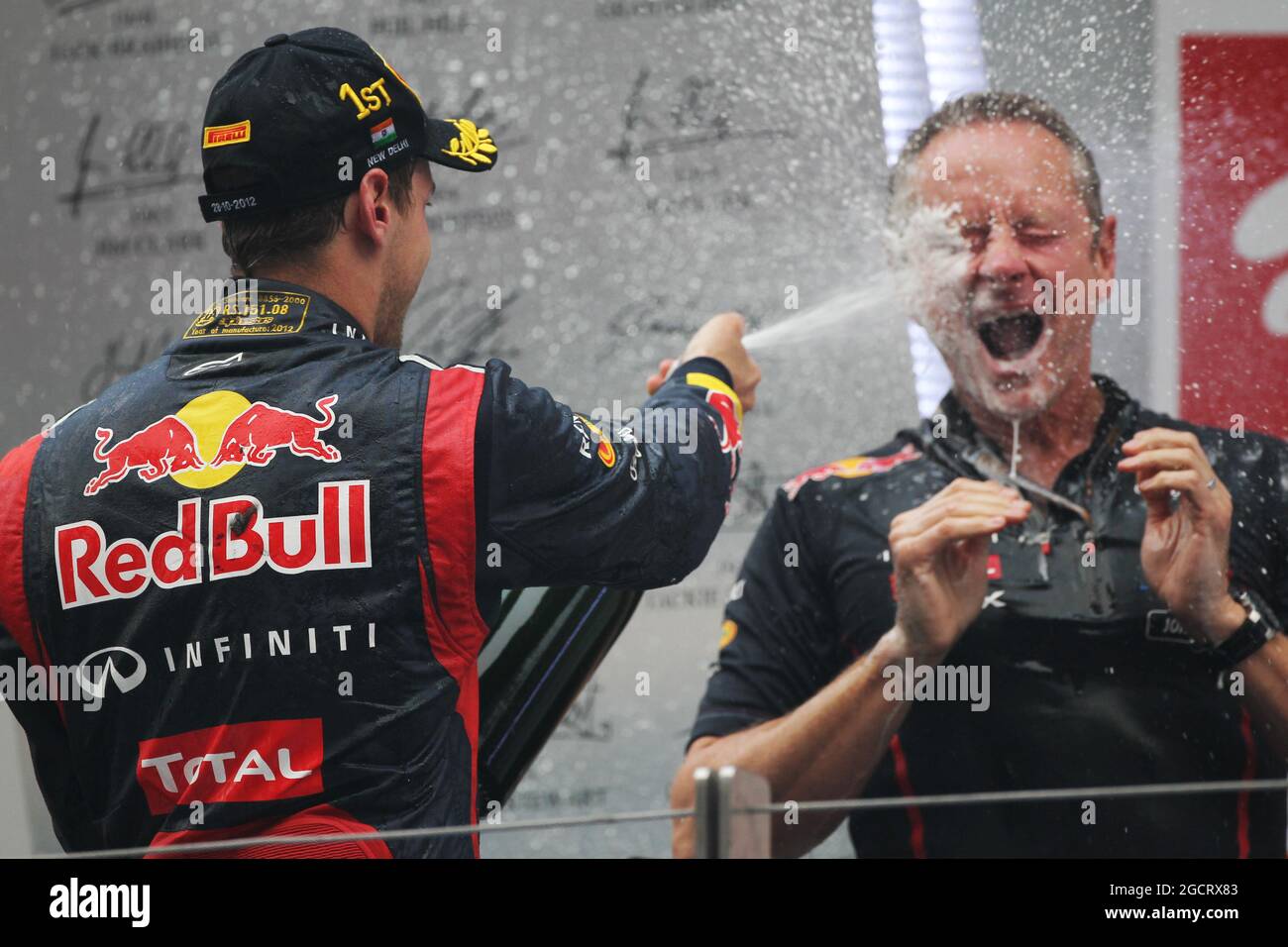 Race winner Sebastian Vettel (GER) Red Bull Racing celebrates on the ... Race winner Sebastian Vettel (GER) Red Bull Racing celebrates on the ...