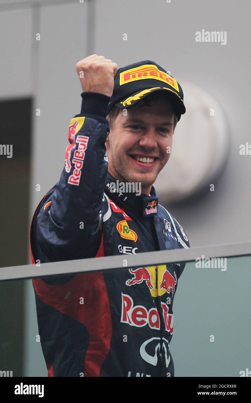 Race winner Sebastian Vettel (GER) Red Bull Racing celebrates on the ...