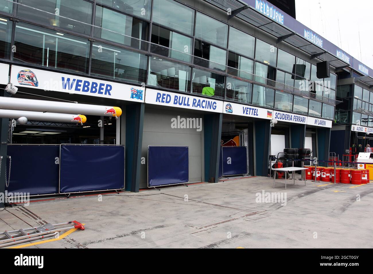 Red Bull Racing pit garages. Australian Grand Prix, Wednesday 13th ...