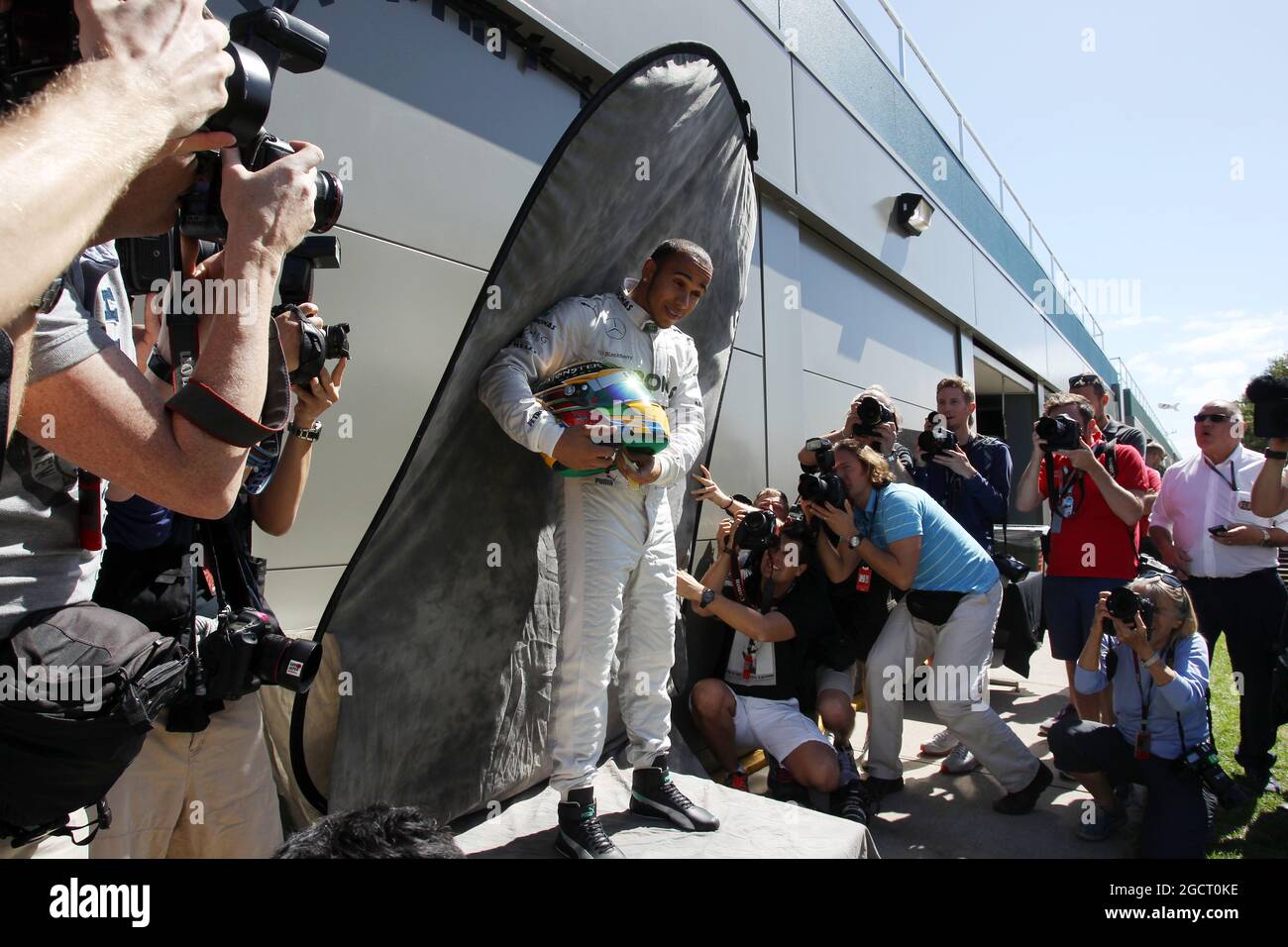 Lewis Hamilton (GBR) Mercedes AMG F1 has the backdrop fall on him ...
