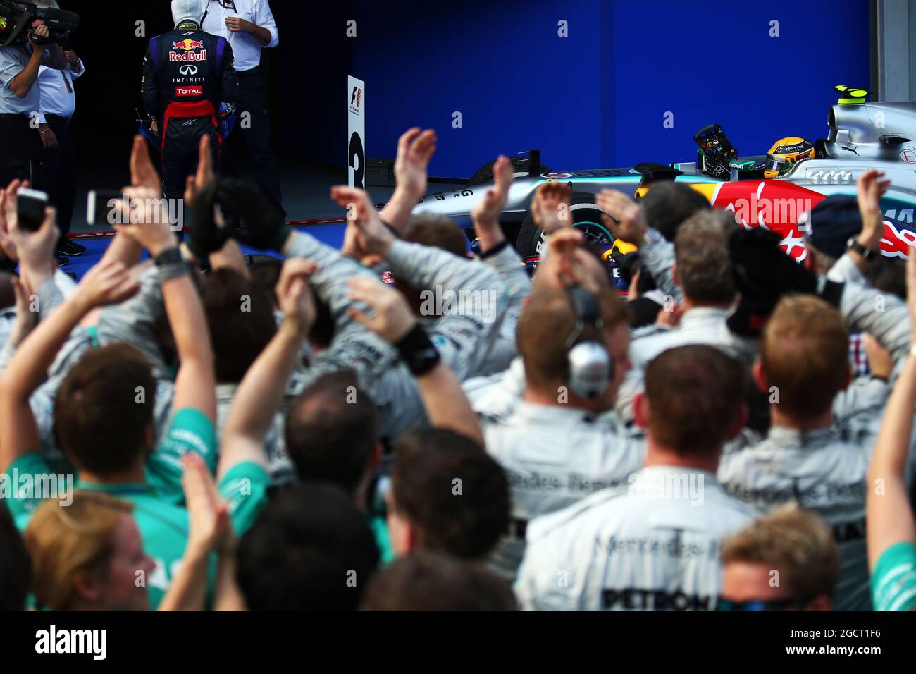 The Mercedes AMG F1 team celebrate third position for Lewis Hamilton ...