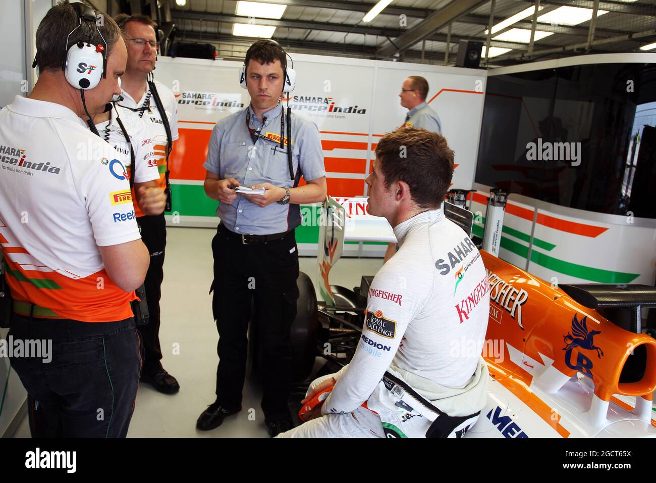 Force india vjm06 talks pirelli tyre engineer his team hi-res stock ...