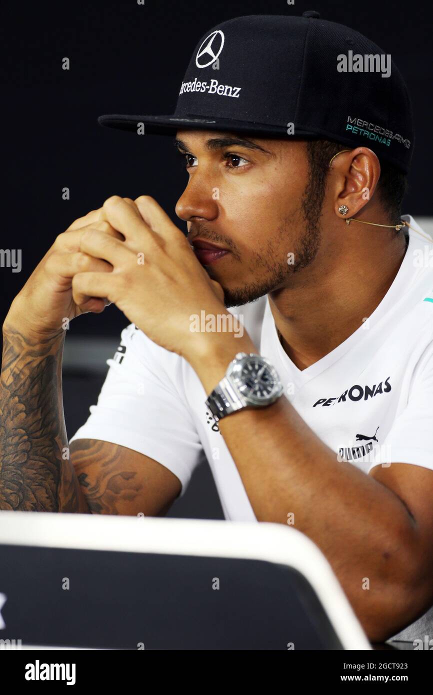 Lewis Hamilton (GBR) Mercedes AMG F1 in the FIA Press Conference ...