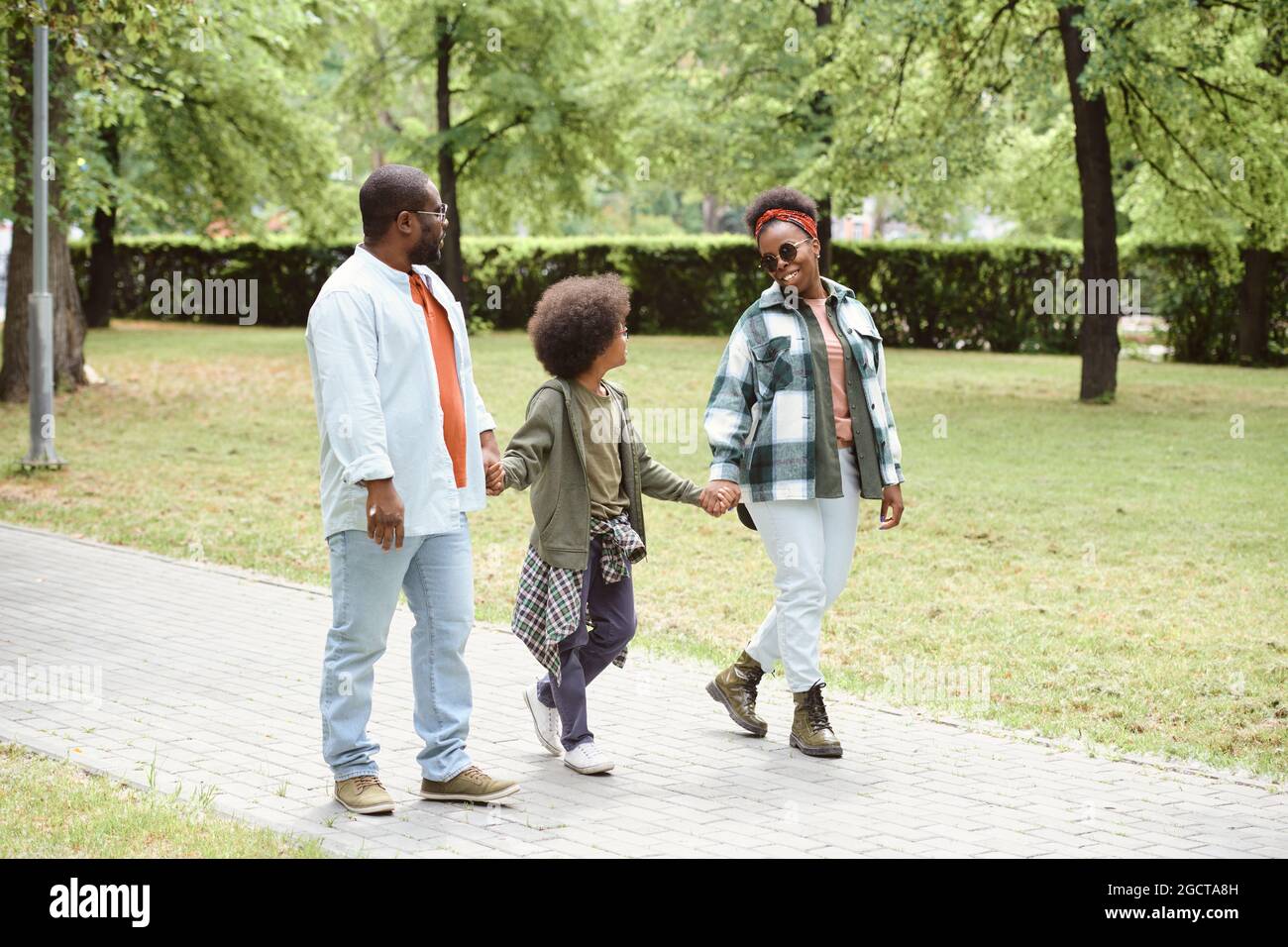 Contemporary African family talking walk in park on summer day Stock ...