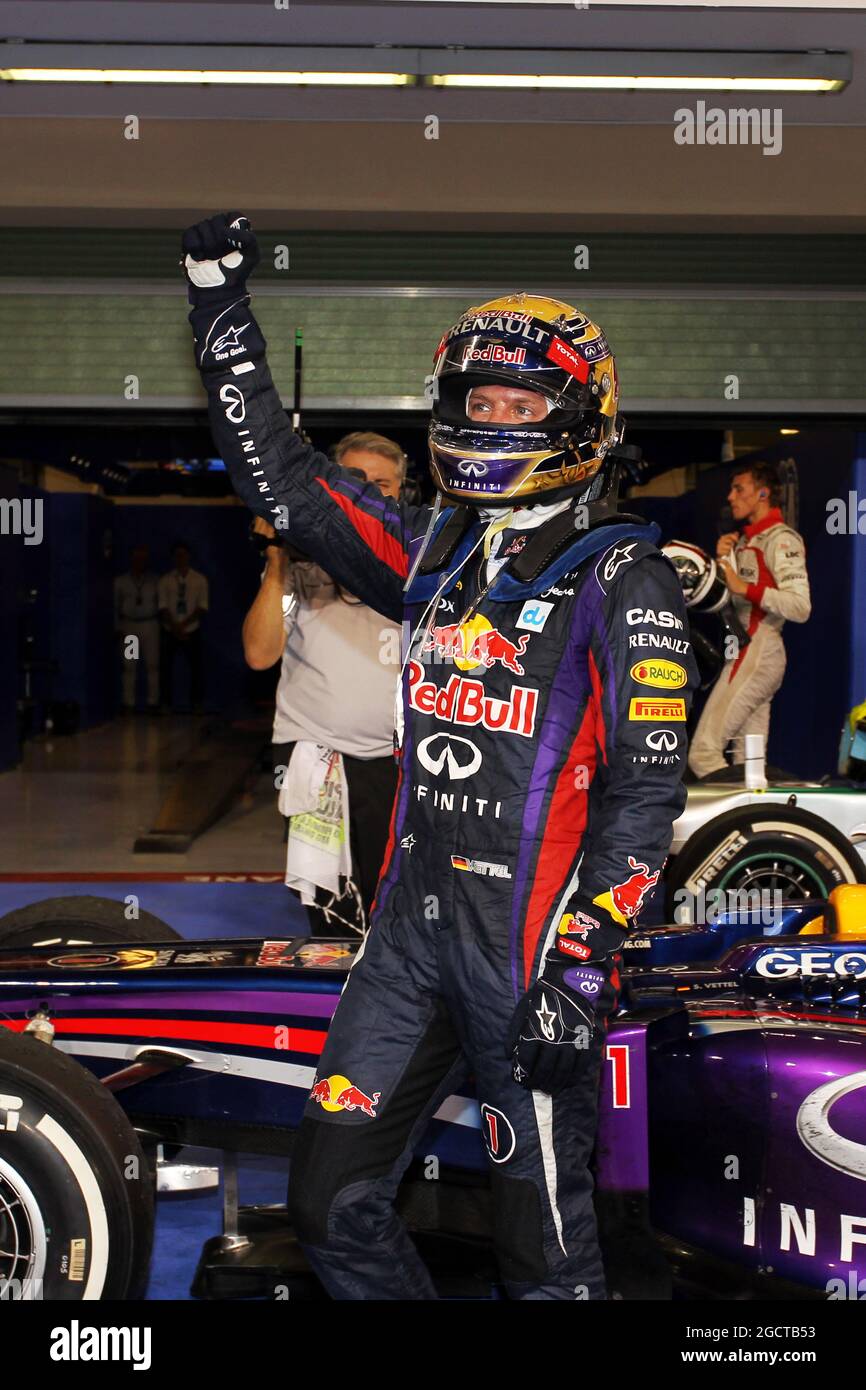 Race winner Sebastian Vettel (GER) Red Bull Racing RB9 celebrates in ...
