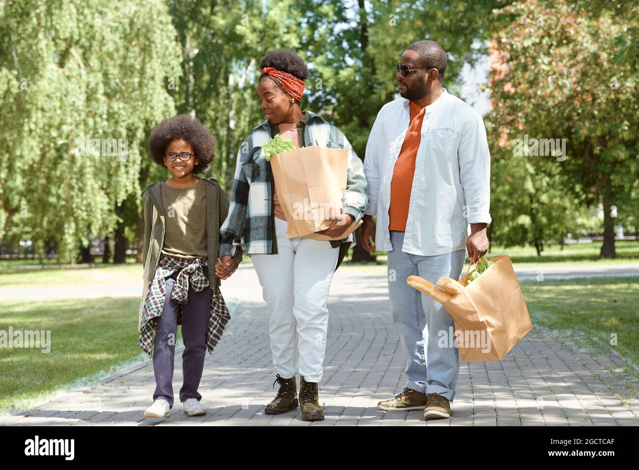 Contemporary family with paperbags coming back home from supermarket in ...