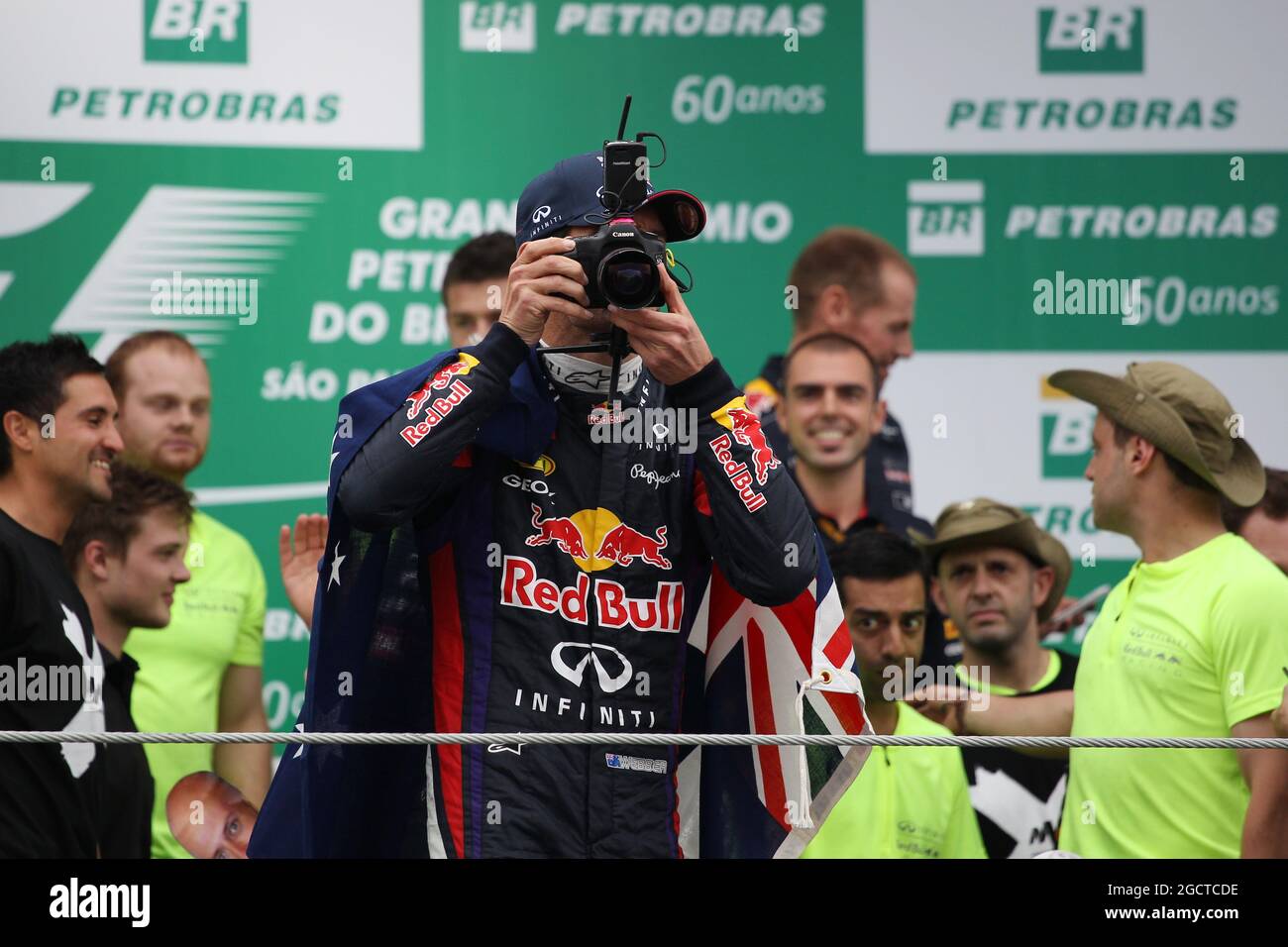 Mark Webber (AUS) Red Bull Racing celebrates his second position and ...