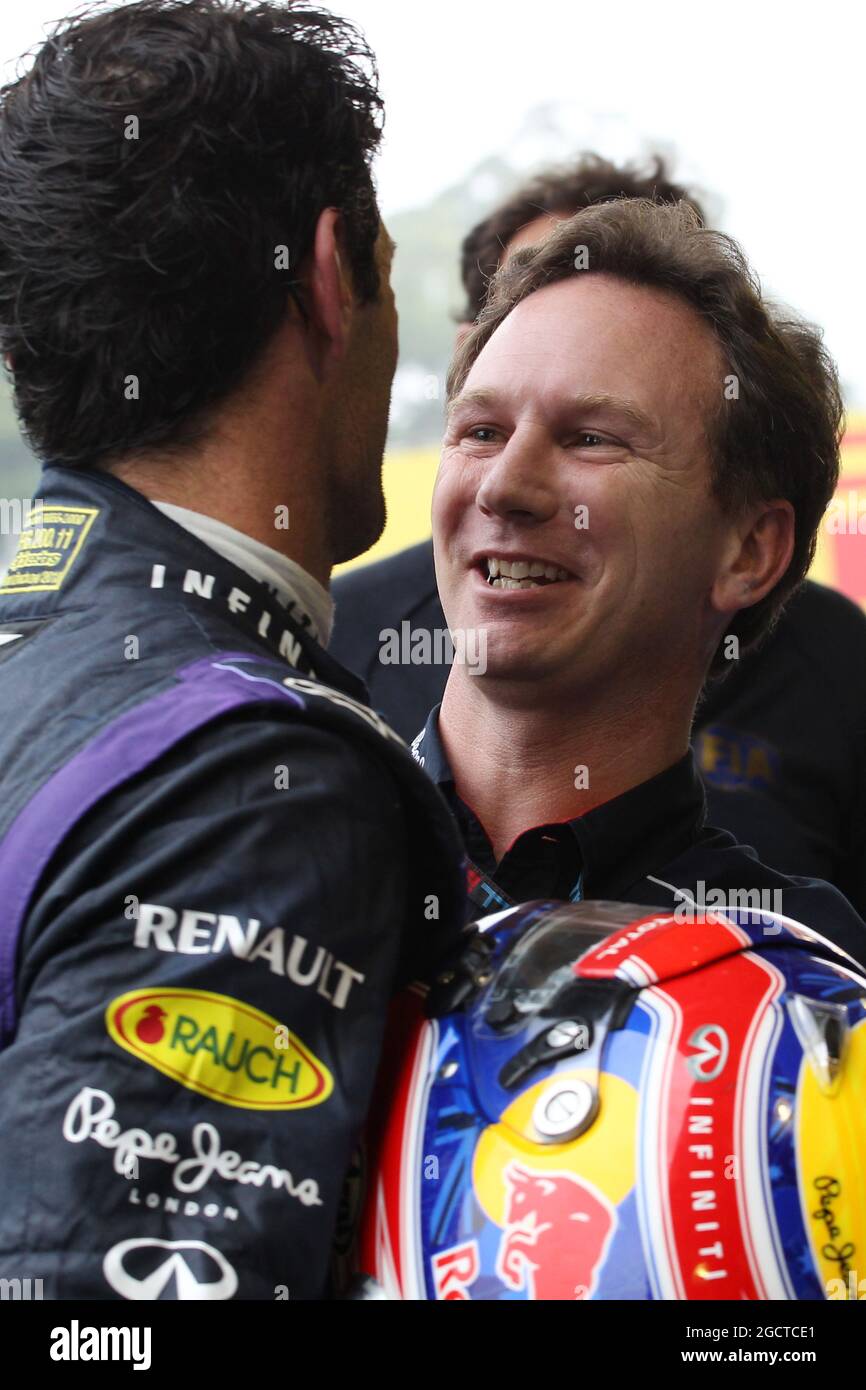 (L to R): Mark Webber (AUS) Red Bull Racing celebrates his second ...