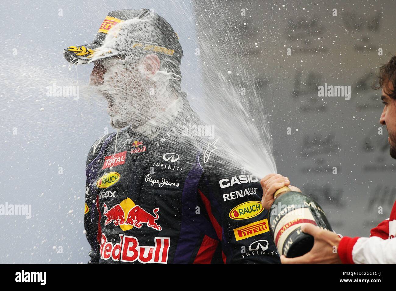 Mark Webber (AUS) Red Bull Racing celebrates his second position and ...