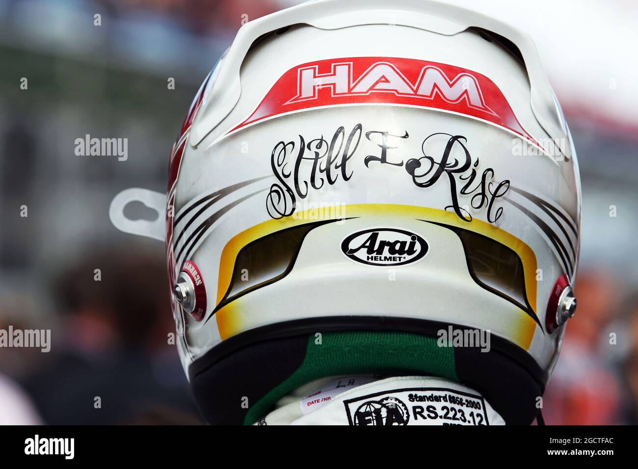 Lewis Hamilton (GBR) Mercedes AMG F1 with a message on the rear of his ...
