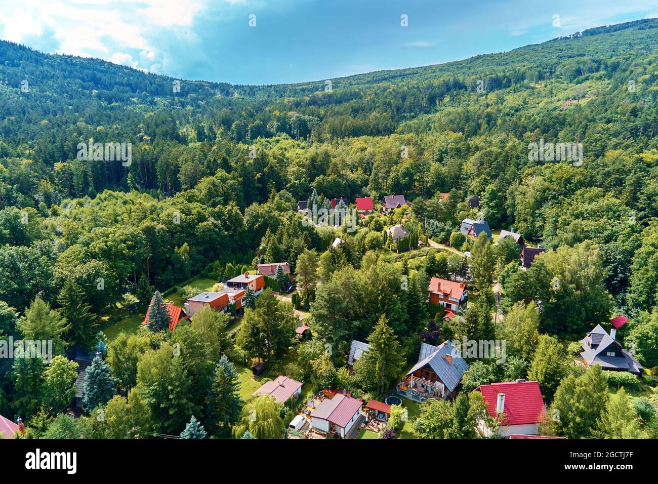 Mountain village with forests, bird eye view. Sleza mountain landscape ...