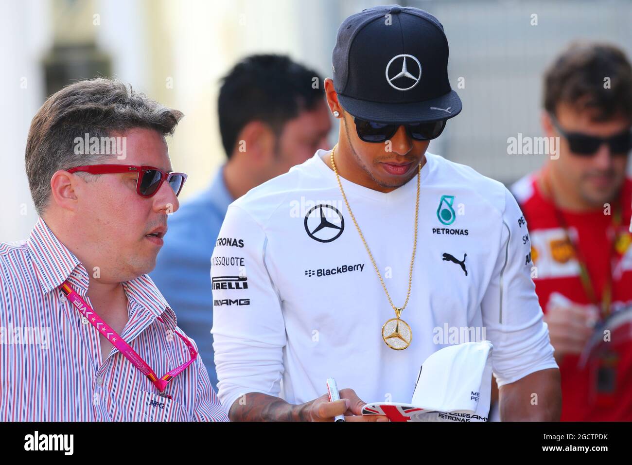 Lewis Hamilton (GBR) Mercedes AMG F1 signs autographs for the fans ...