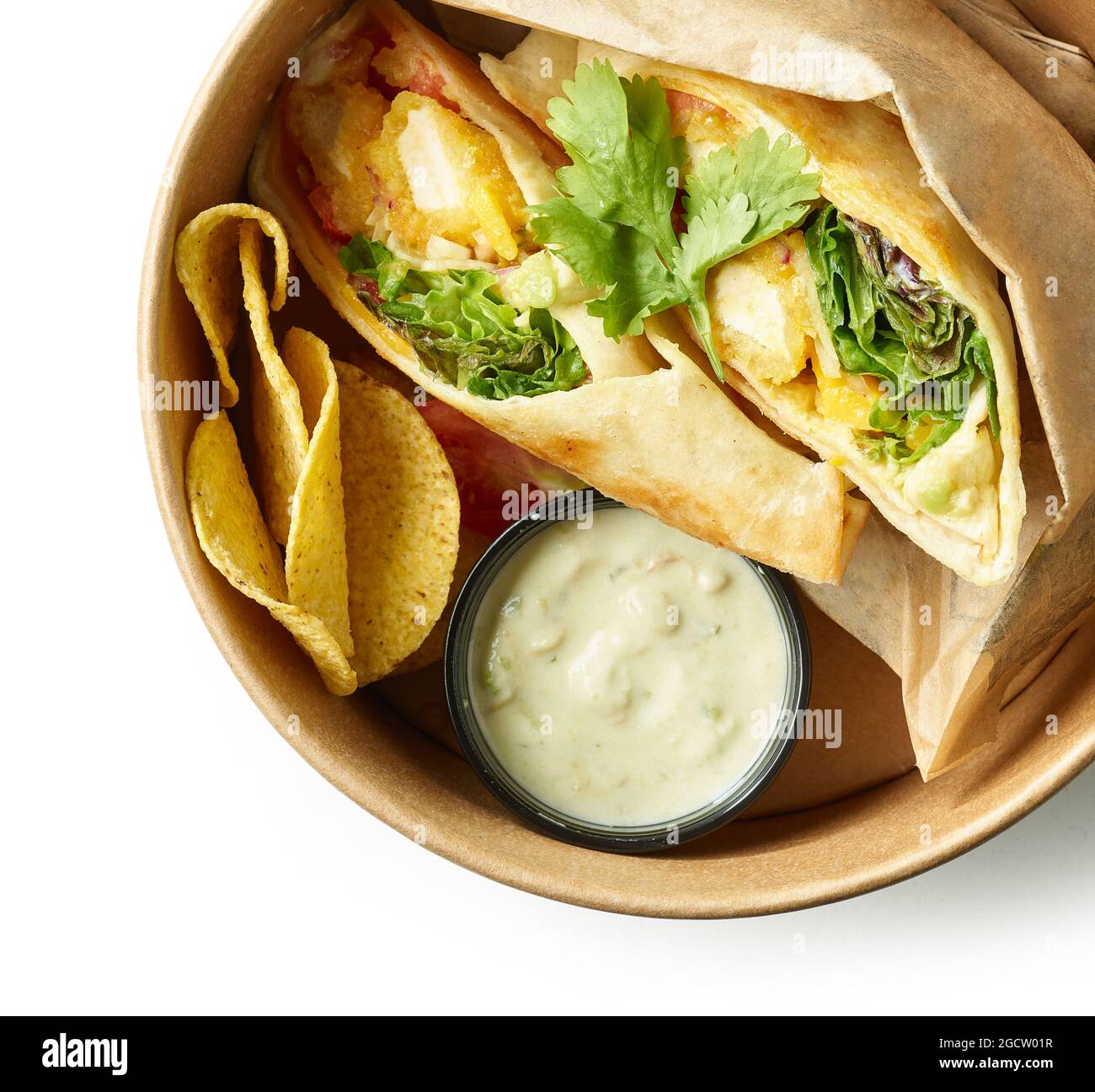 tortilla with fried chicken in take away cardboard box, top view Stock ...