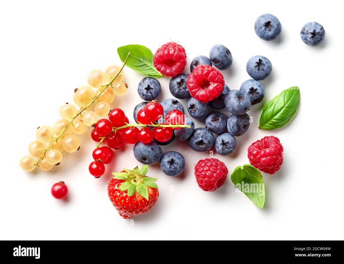 composition of fresh berries and green leaves isolated on white ...