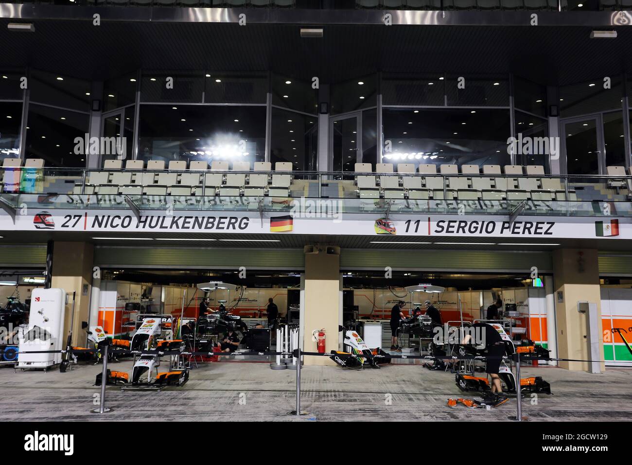 The Sahara Force India F1 Team pit garages at night. Abu Dhabi Grand ...