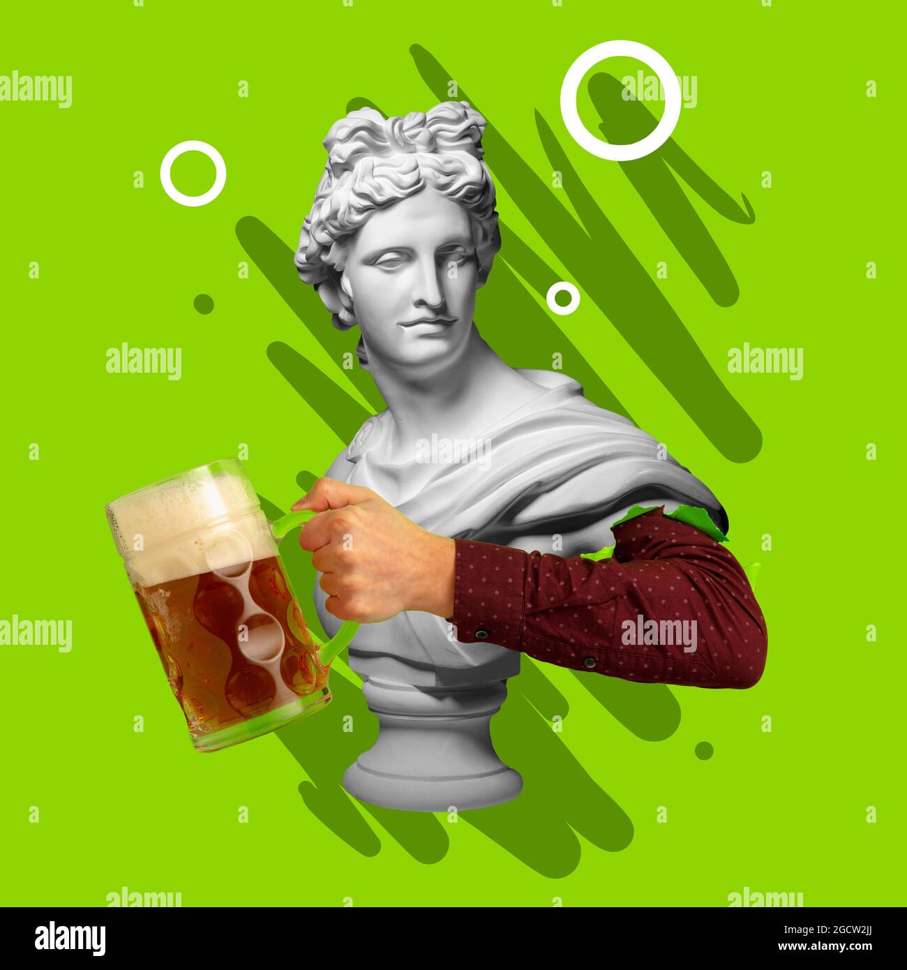 Contemporary art collage with bust of antic statue and hand holding ...