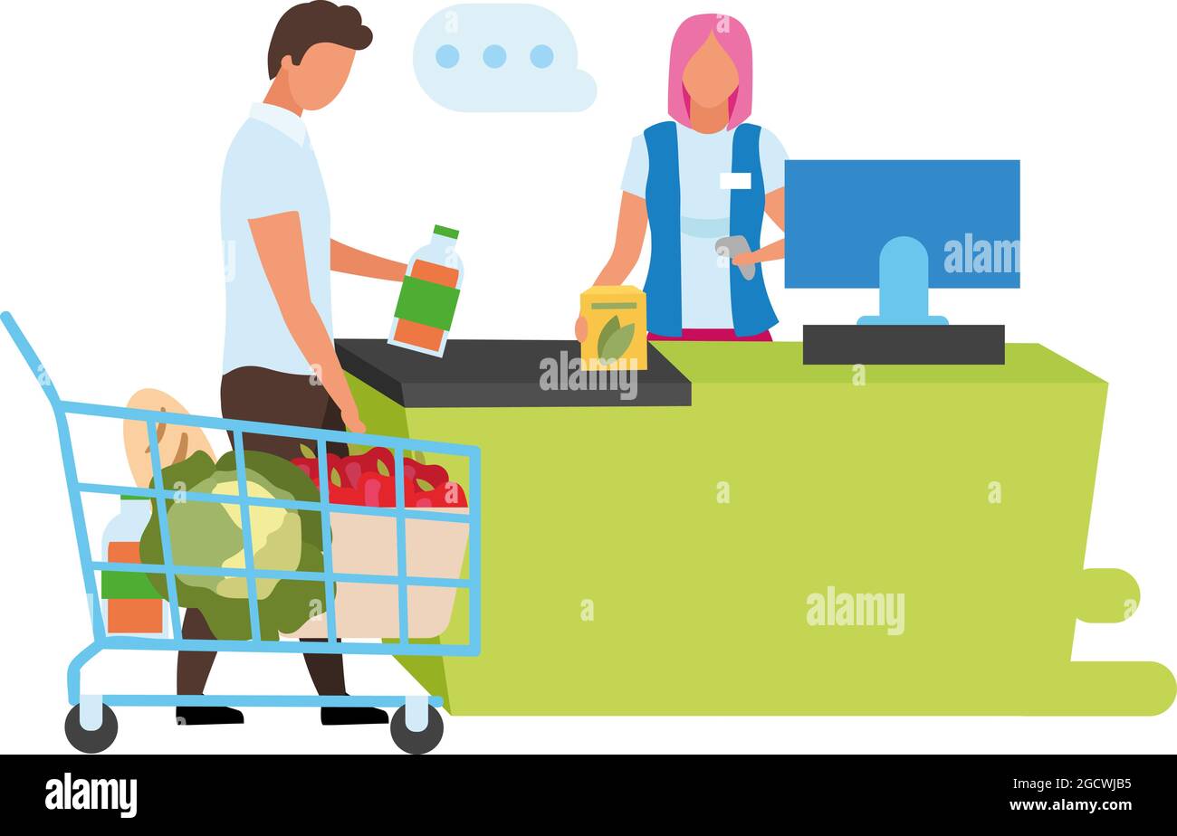 Supermarket checkout semi flat color vector characters Stock Vector ...