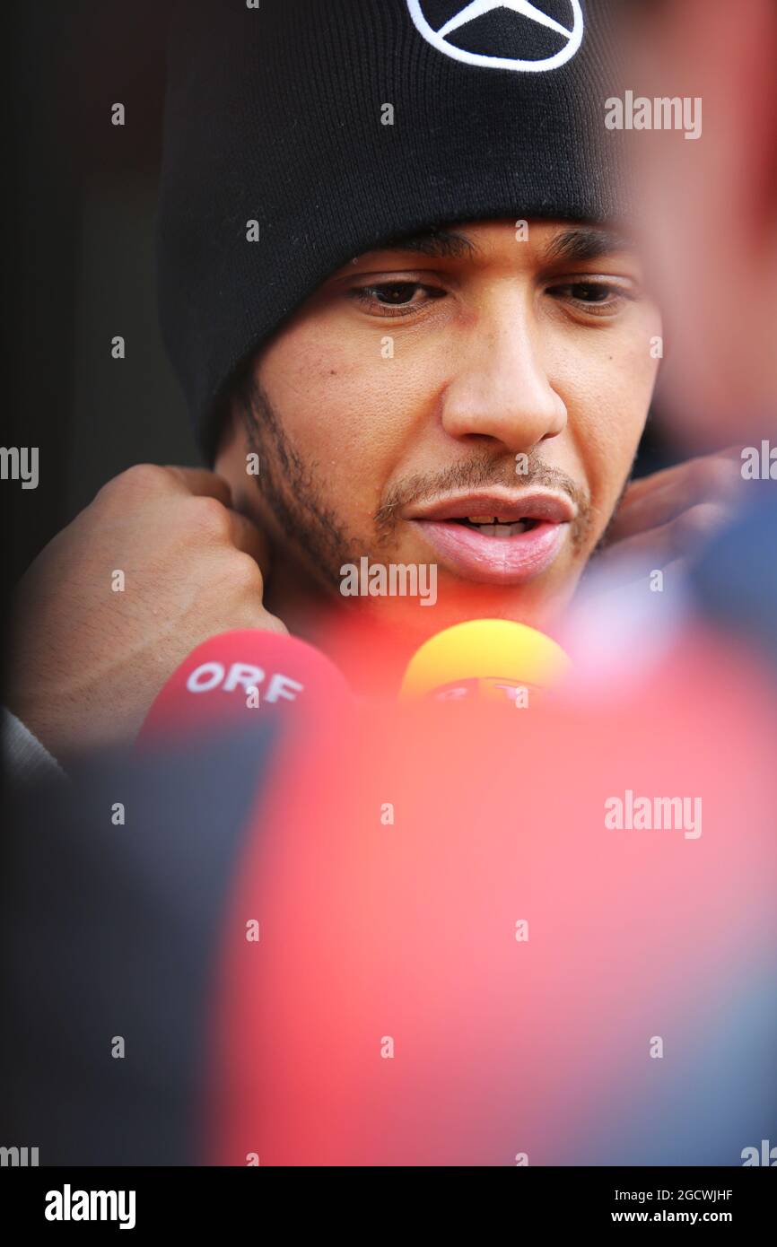 Lewis Hamilton (GBR) Mercedes AMG F1 with the media. Formula One ...