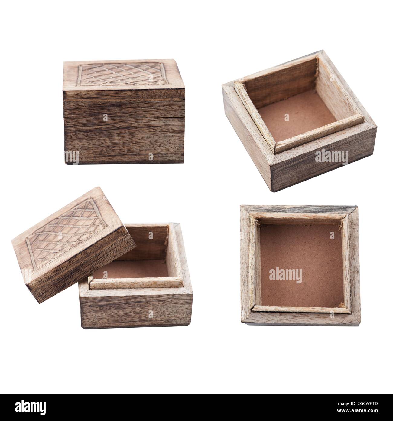 Set with closed and open rustic wooden box isolated on white Stock ...